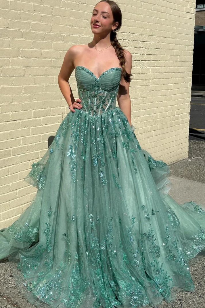 A-Line Strapless Sleeveless Pleated Appliques Tiered Green Prom Dress ...