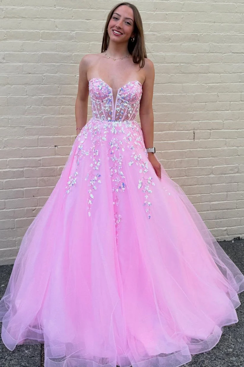 A-Line Strapless Sleeveless Pleated Sequins Appliques Pink Tulle Prom ...