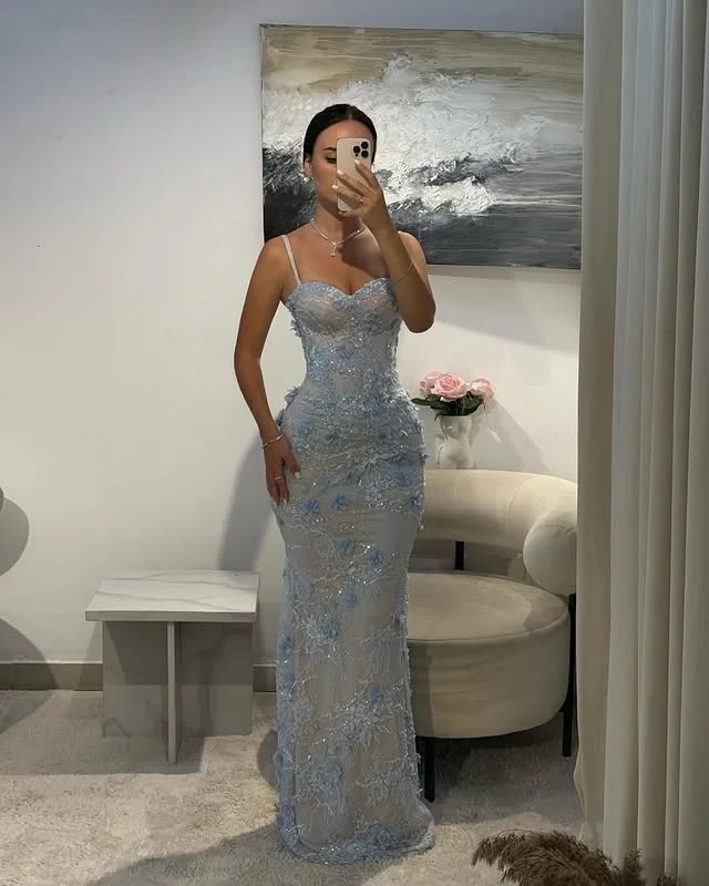 Customized Light Blue Mermaid Evening Dresses with Floral Lace Luxurio ...