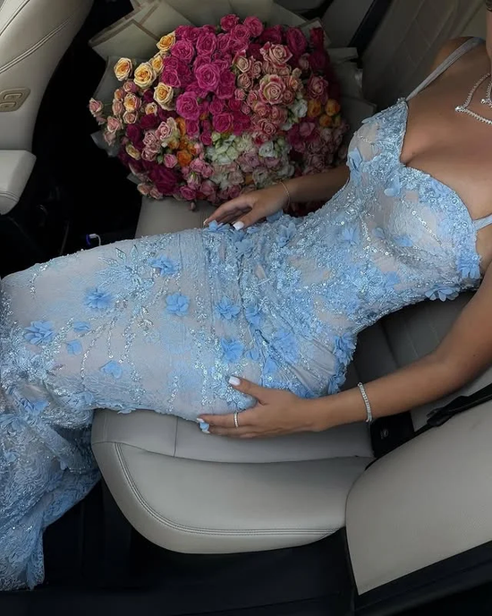 Customized Light Blue Mermaid Evening Dresses with Floral Lace Luxurio ...