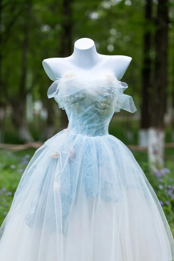 Shinning Ball Gown Strapless Light Sky Blue Tulle Long Prom Dresses Im ...