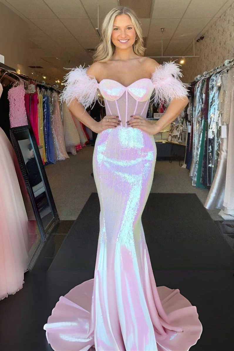 Sparkly Mermaid Sweetheart Pink Sequins Feathered Prom Dresses – Flora ...