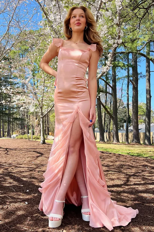 Square Neck Straps Sleeveless Ruffles Criss Cross Straps Prom Dress ...
